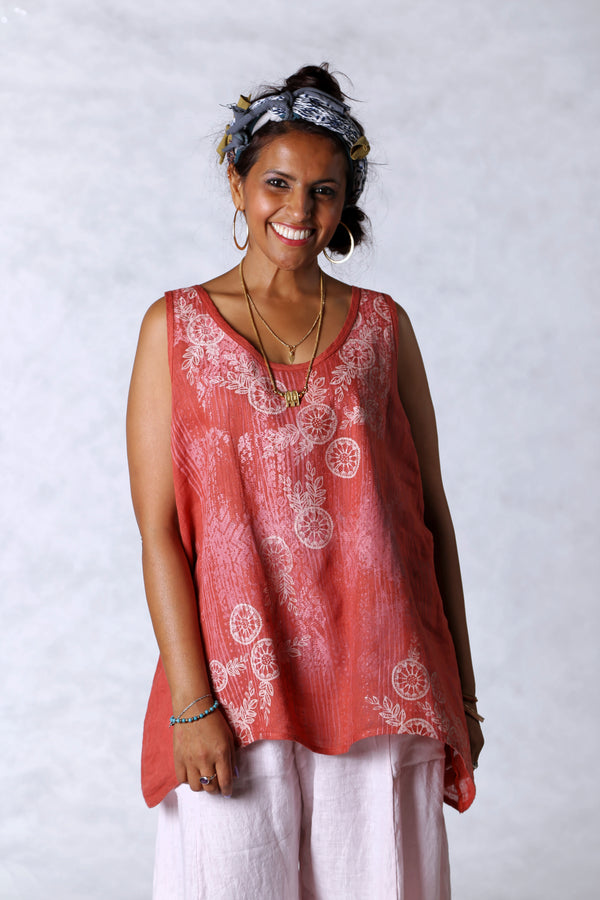 1196 Linen Tank Printed-Blue Fish Clothing