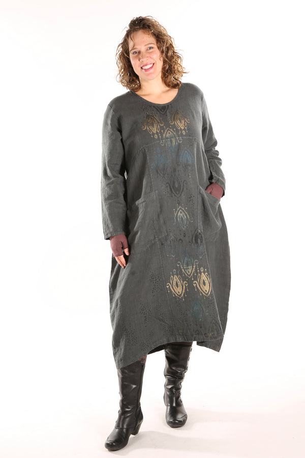 7206-Lady’s Dress Grey-Ikat Ombre blue-greys/bronze - Blue Fish Clothing