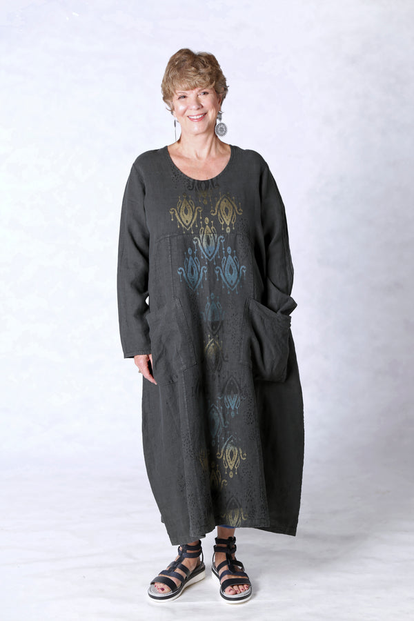 7206-Lady’s Dress Grey-Ikat Ombre blue-greys/bronze - Blue Fish Clothing