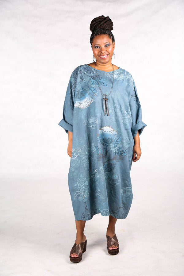 L594-44 Square Linen Dress Kingfisher-P - Blue Fish Clothing
