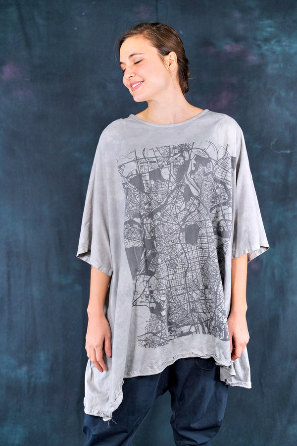 1255HD Art Tunic Hand Dyed Grey Cartography - Blue Fish Clothing