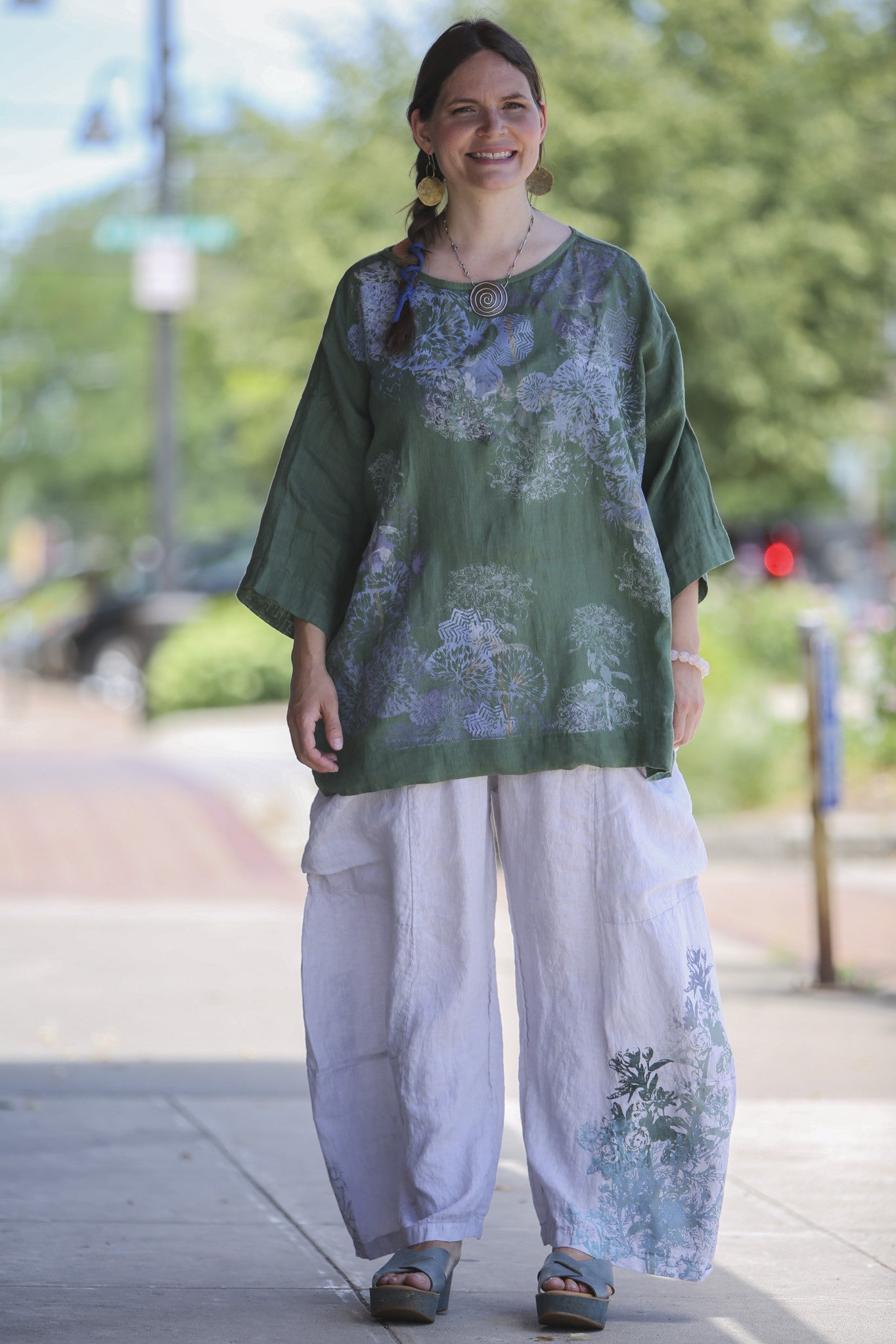 L594-Oversized Square Linen Top Seaweed-P - Blue Fish Clothing